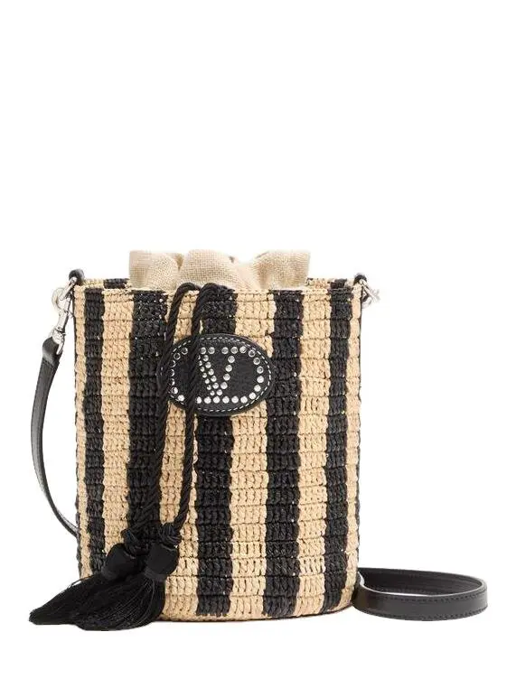 Valentino Garavani Small Striped Raffia Bucket Bag - Natural/black