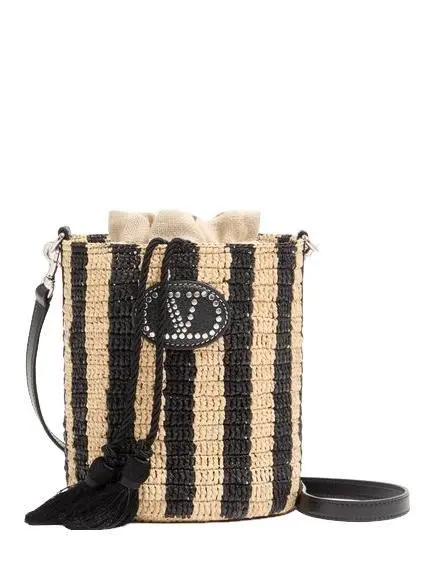 Valentino Garavani Small Striped Raffia Bucket Bag - Natural/black