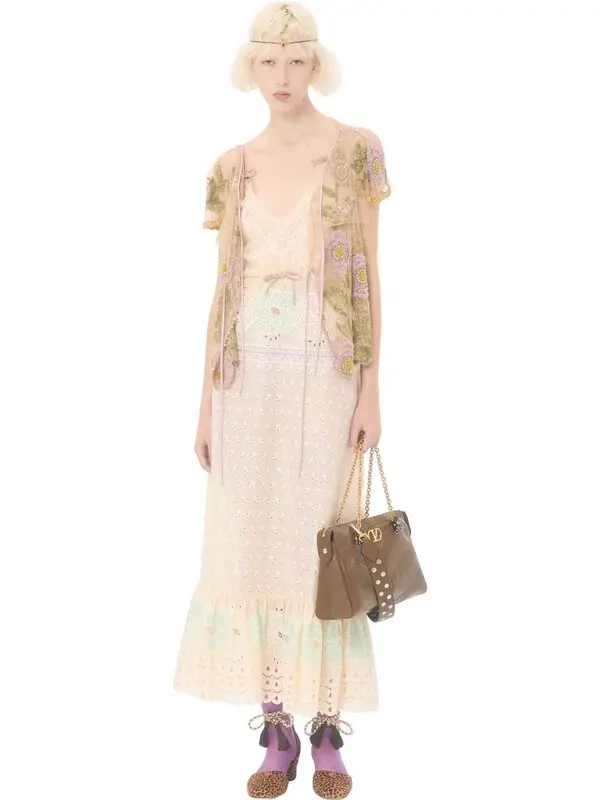 Valentino Garavani Sangallo Lace Midi Dress With Fleur A Jours Fiori - Azure/yellow