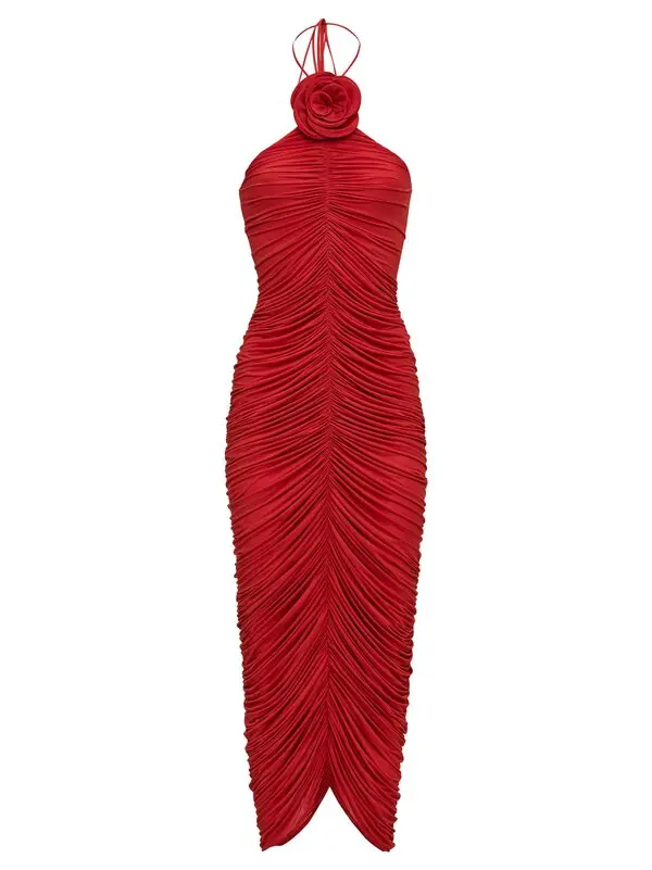 Magda Butrym Ruched Halter Midi Dress With Rose Appliqu - Red