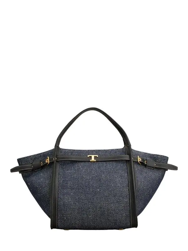 TOD'S T Timeless Canvas & Leather Shopping Bag - Blu Denim Chiaro/nero
