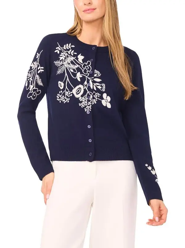 Halogen Embroidered Floral Button-front Cardigan - Classic Navy