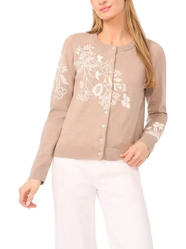 Halogen Embroidered Floral Button-front Cardigan - Soft Taupe