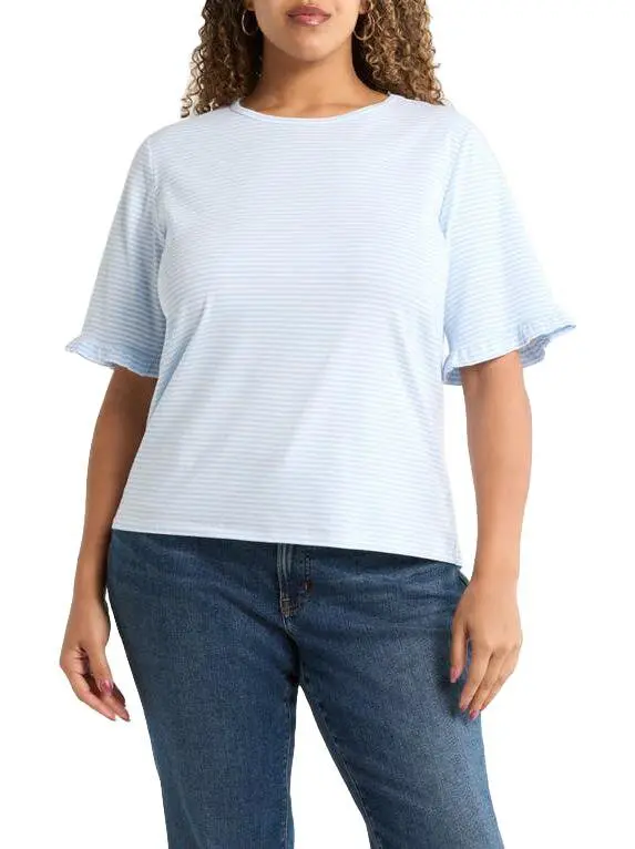 Jones New York Stripe Frill Sleeve Stretch Cotton Top - Breeze Blue/natural White