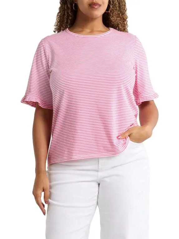 Jones New York Stripe Frill Sleeve Stretch Cotton Top - Dutch Pink/natural White