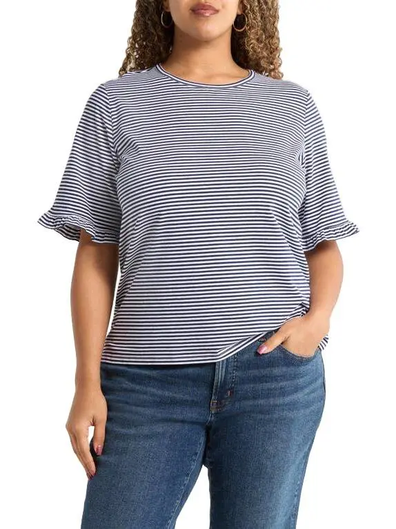 Jones New York Stripe Frill Sleeve Stretch Cotton Top - Pacific Navy/natural White