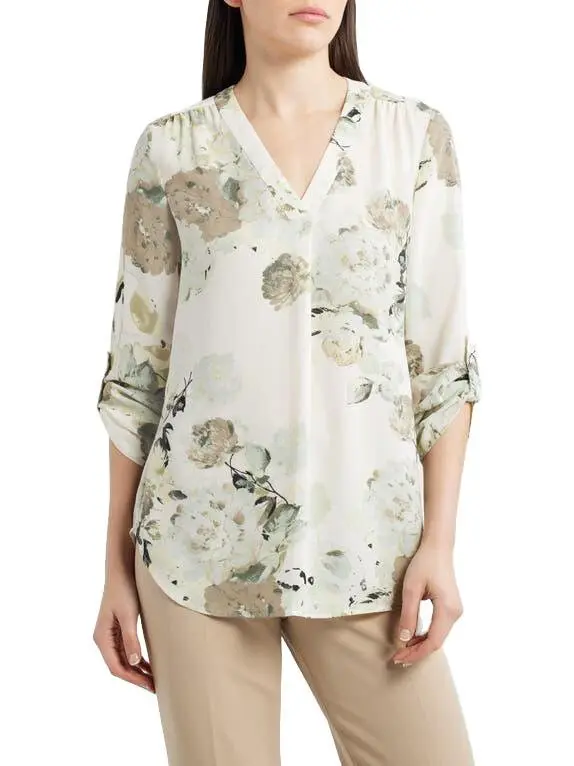 Anne Klein Floral Popover Top - Soft Aloe Multi