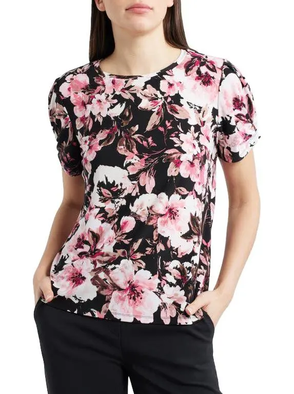 Anne Klein Floral Print Pleated Sleeve Top - Anne Black Multi
