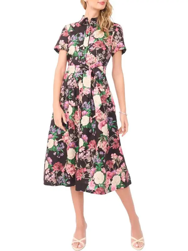 Ted Baker London Floral Linen Midi Shirt Dress - Rich Black
