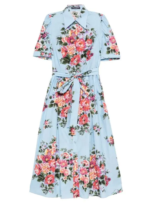 Dolce & Gabbana Floral Printed Midi Shirt Dress - Sky Blue