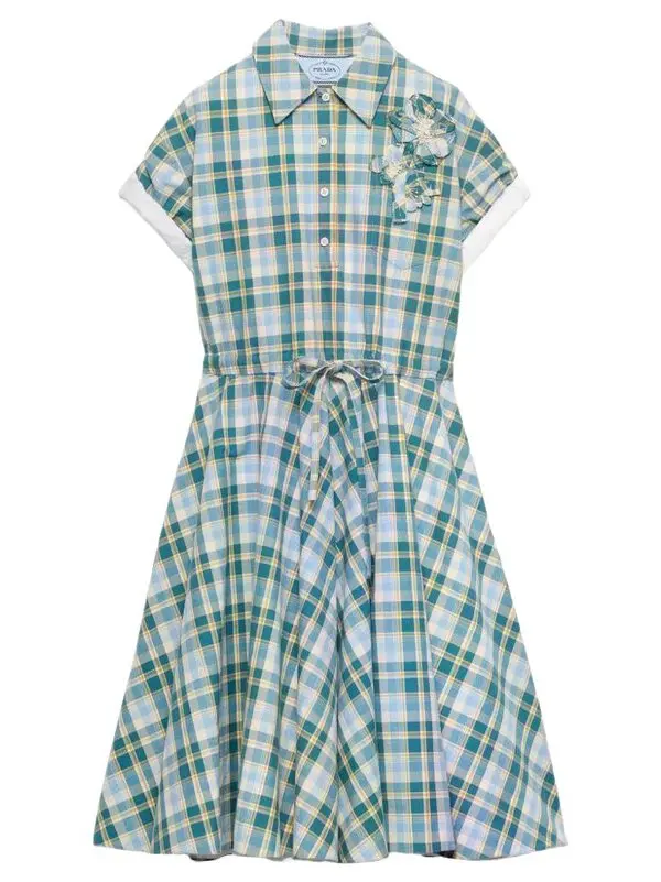 Prada Embroidered Checked Cotton Dress - Green