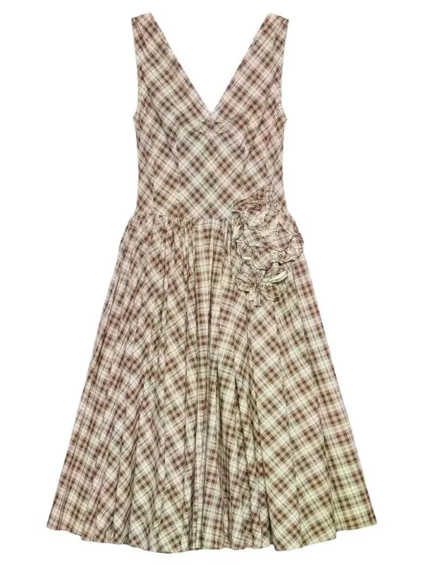 Prada Embroidered Checked Poplin Dress - Neutrals
