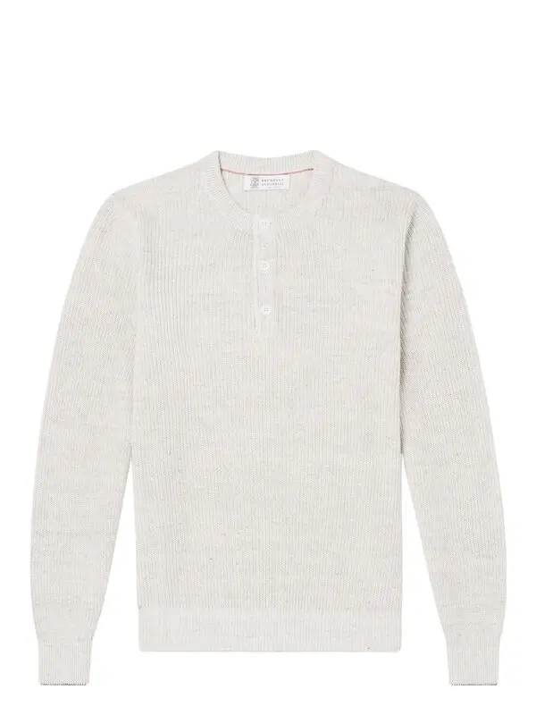 Brunello Cucinelli Ribbed Linen And Cotton-blend Henley Shirt - Neutrals
