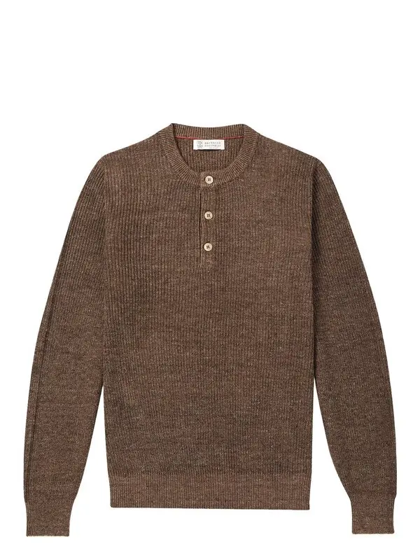Brunello Cucinelli Ribbed Linen And Cotton-blend Henley Sweater - Brown