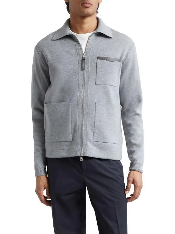 Moncler Wool Milano Stitch Zip Cardigan - Pale Gray Melange