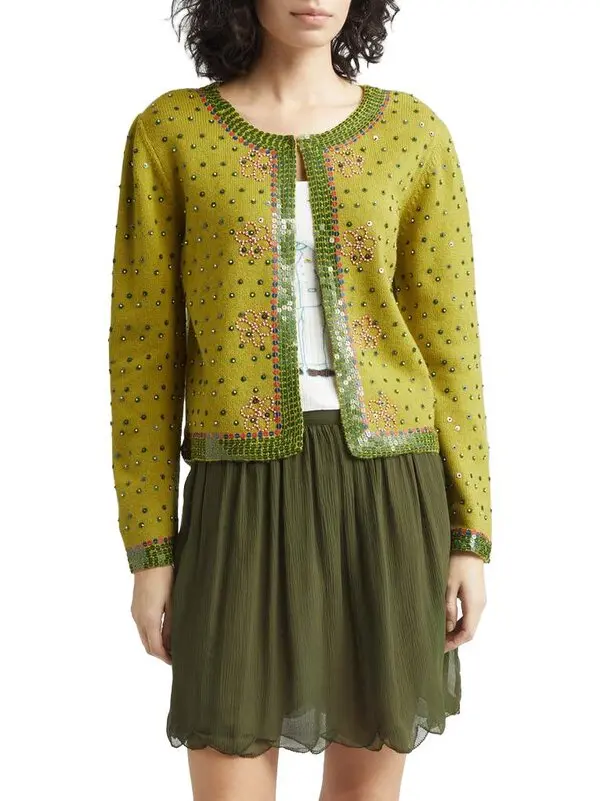 BODE Fairyfloss Beaded Wool & Cashmere Cardigan - Green