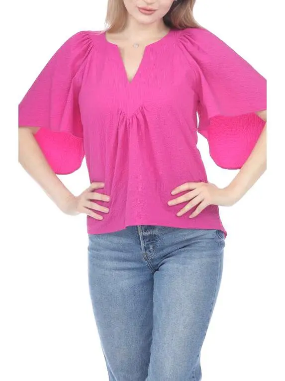 RAIN AND ROSE V-neck Flutter Sleeve Top - Fuchsia