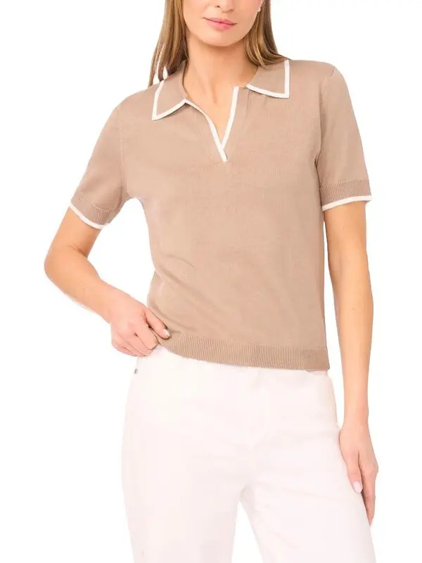 Halogen Tipped Johnny Collar Short Sleeve Sweater - Weathered Teak