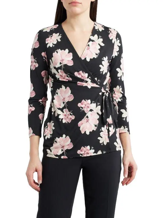 Anne Klein Floral Print Wrap Top - Anne Black Multi