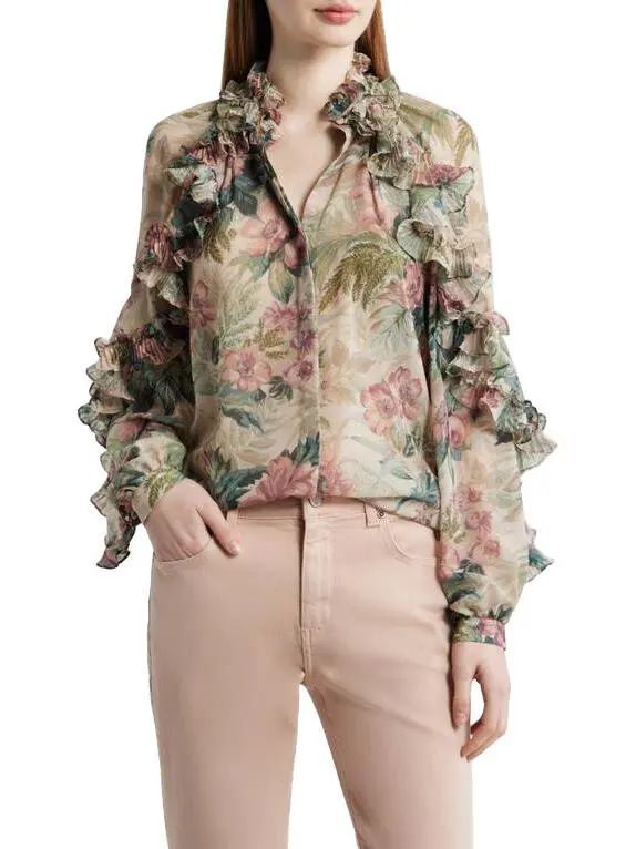 Kobi Halperin Esme Floral Ruffle Button-up Chiffon Shirt - Rose Multi