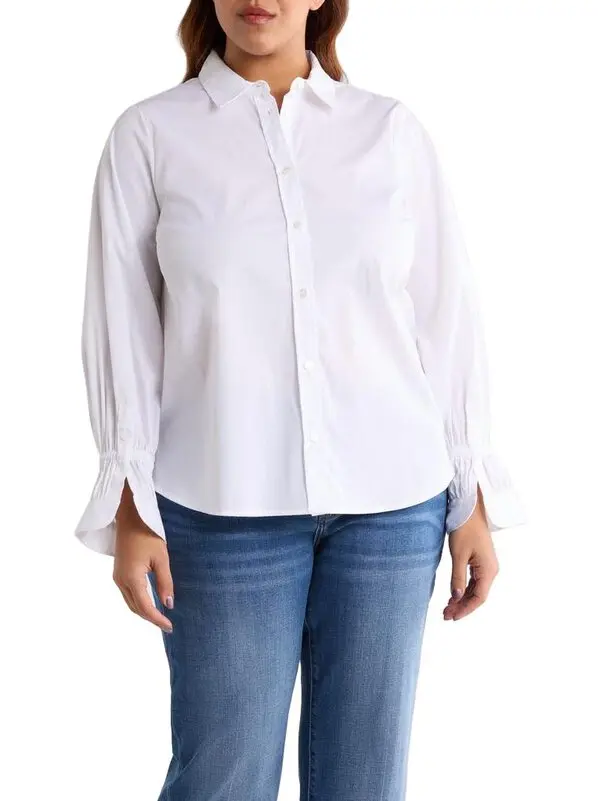 LIVERPOOL Cotton Poplin Smock Sleeve Button-up Shirt - White