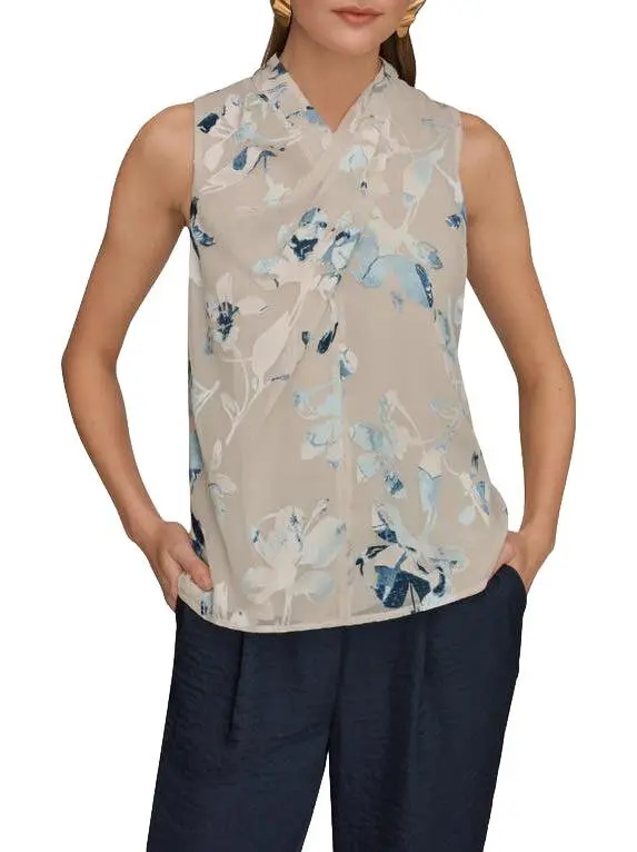 Donna Karan New York Floral Burnout Twist Neck Top - Sea Mist Multi