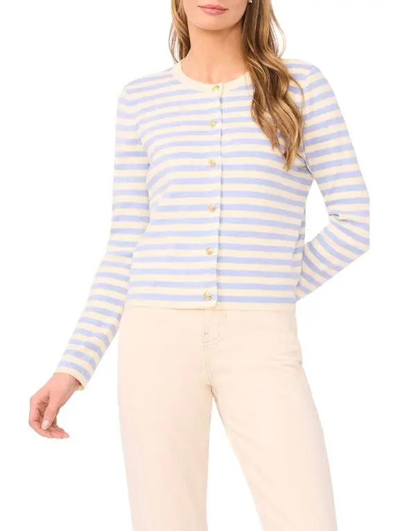 Halogen Stripe Crewneck Cardigan - Berry Blue Heather