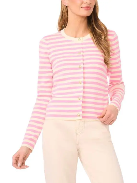 Halogen Stripe Crewneck Cardigan - Medium Pink