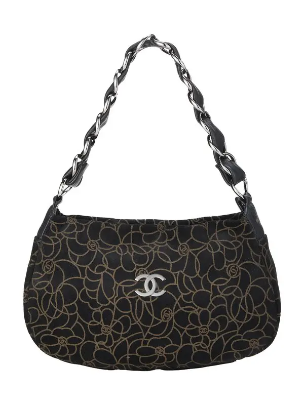 Chanel Camellia Suede Shoulder Bag - Black