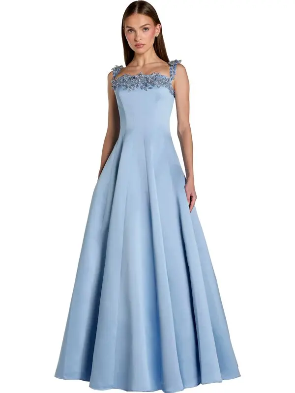 Mac Duggal Satin Ballgown With Floral Embellishments - Slate Blue
