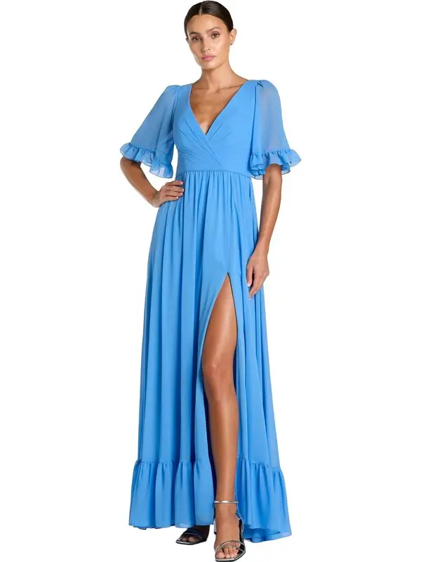Mac Duggal Faux Wrap Ruffle Trim A-line Gown - Blue