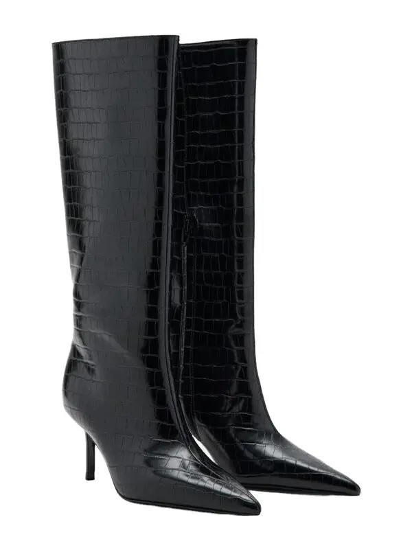 Mango Croc Embossed Pointed Toe Knee High Boots - Black