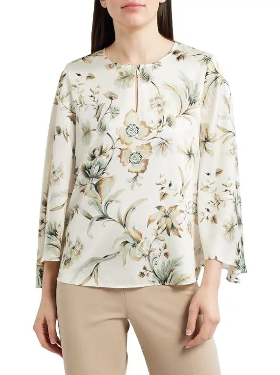 Anne Klein Floral Keyhole Satin Top - White Dove Multi