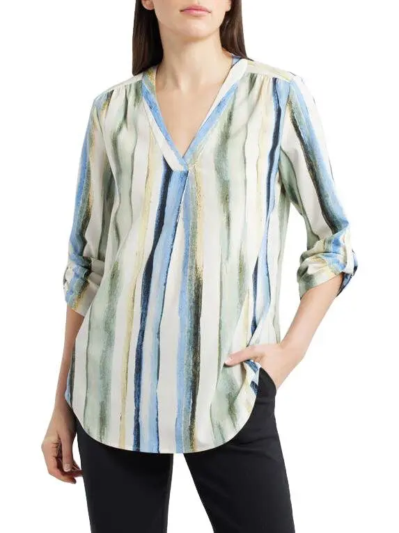 Anne Klein Striped V-neck Top - White Dove Multi