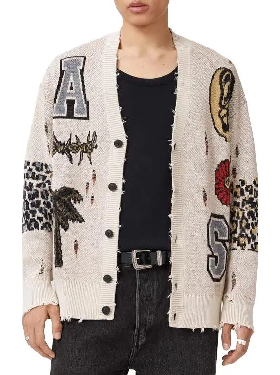 ALLSAINTS Foxx Distressed Jacquard Graphic Cardigan - Ecru White