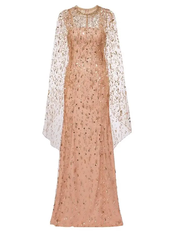 Jenny Packham Embellished Caped Gown - Pink
