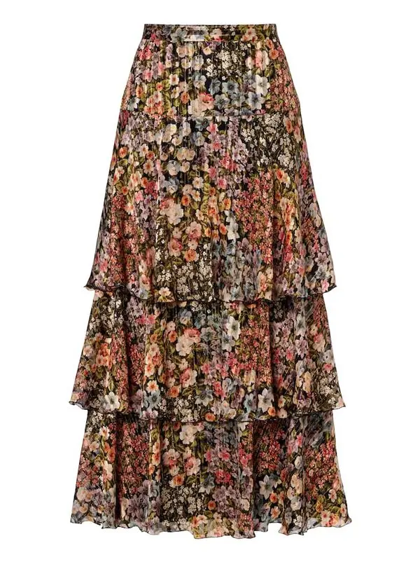 Valentino Garavani Floral Plisse Tiered Silk Midi Skirt - Multicoloured
