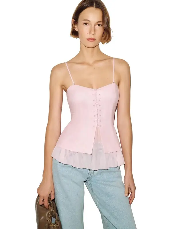 REFORMATION Colette Strapless Sweetheart Neckline Lace-up Front Linen Top - Pink