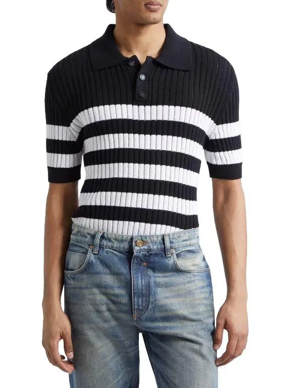 Balmain Mariner Cotton Blend Ribbed Polo Sweater - Eab Blk/white