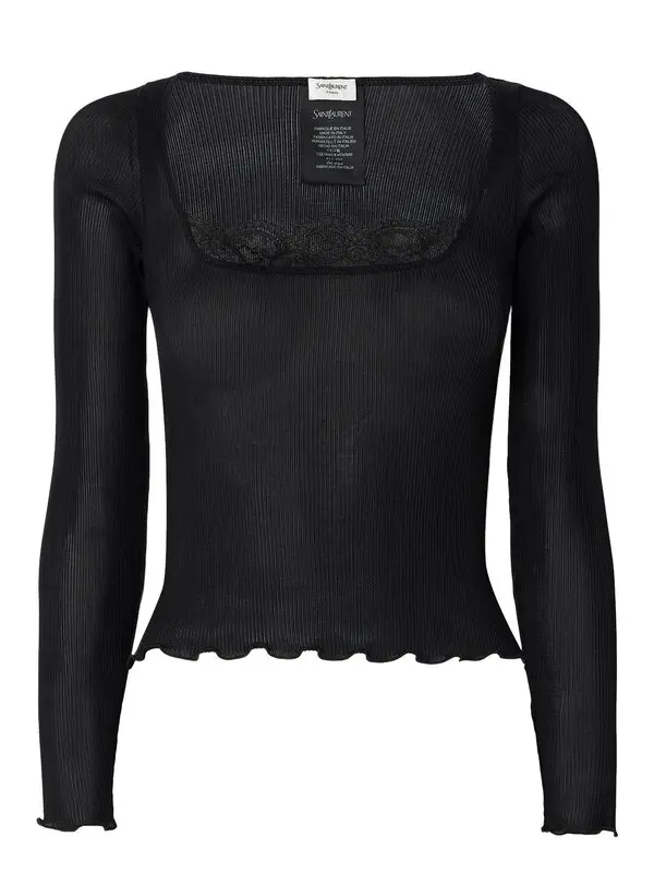Saint Laurent Lace-trimmed Ribbed Silk Top - Black