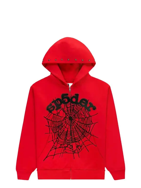 SP5DER Studded Zip Hoodie - Red