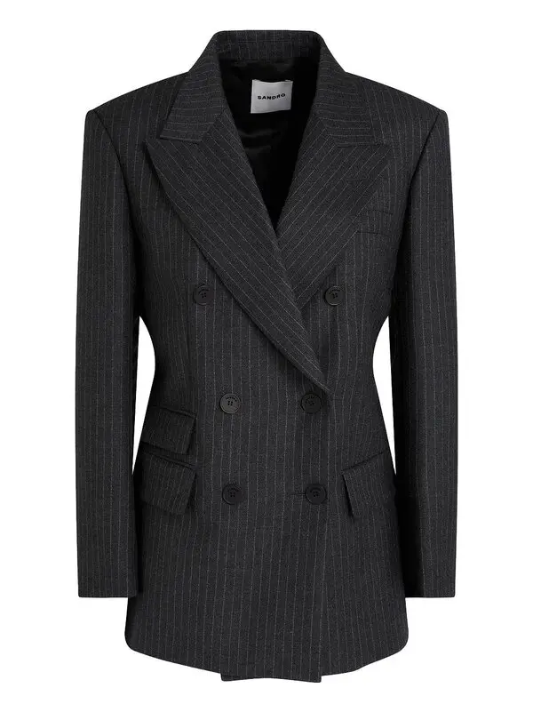 Sandro Double-breasted Pinstriped Wool Blazer - Dark Gray