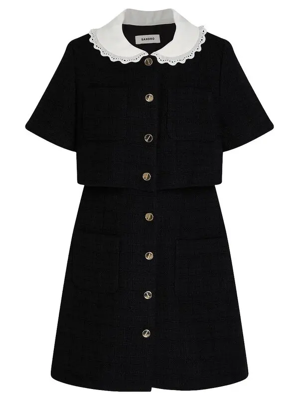 Sandro Broderie Anglaise-trimmed Tweed Shirt Dress - Black