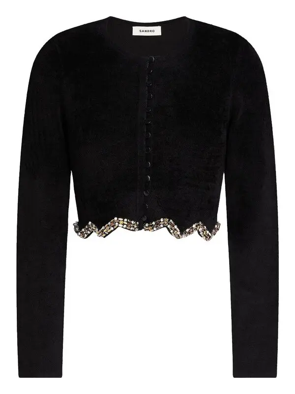 Sandro Cropped Velvet Cardigan With Crystal Embellishments - Black