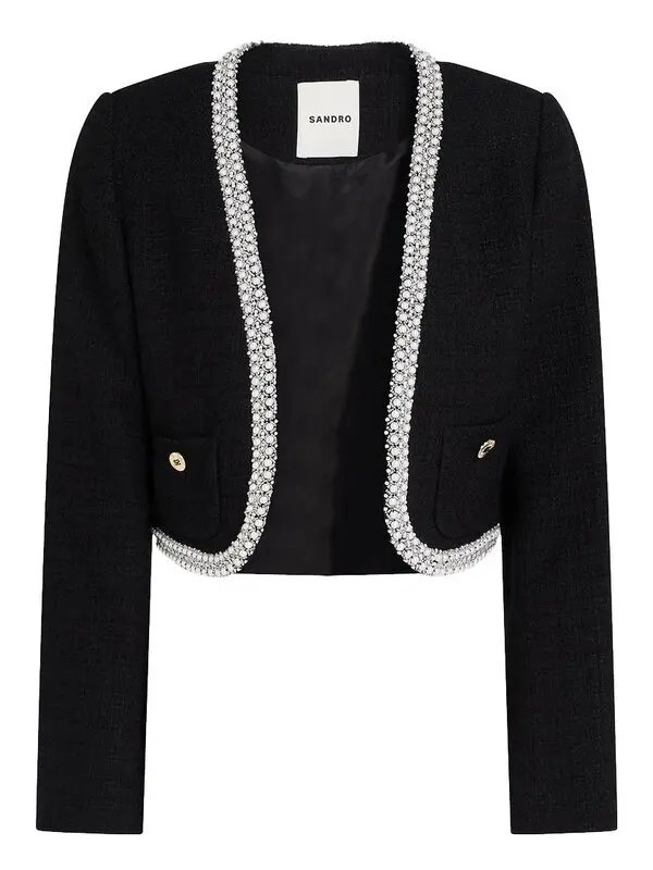 Sandro Cropped Embellished Tweed Jacket - Black