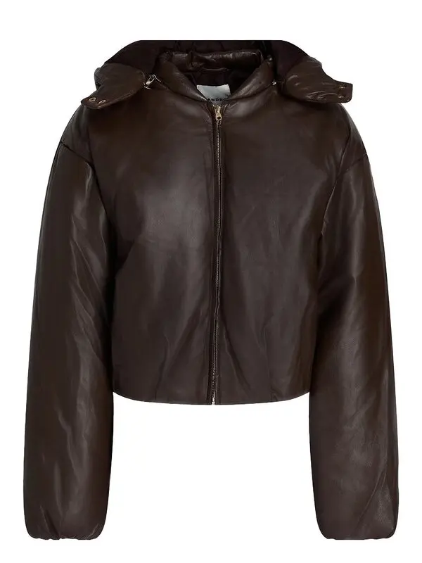 Sandro Leather Hooded Jacket - Dark Brown