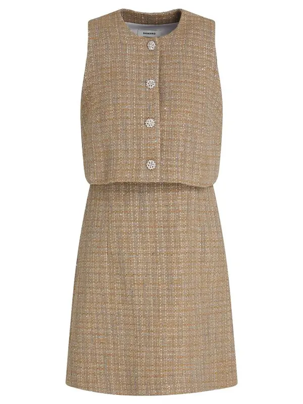 Sandro Embellished Metallic Tweed Mini Dress - Camel