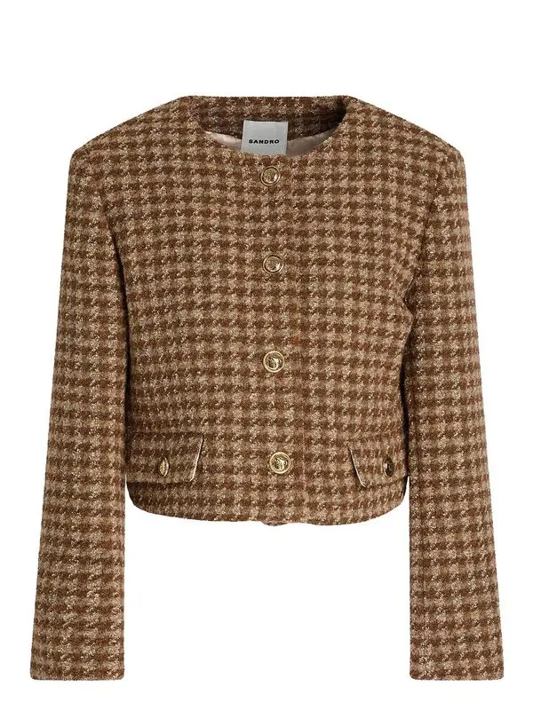 Sandro Cropped Houndstooth Bouclé-tweed Jacket - Brown