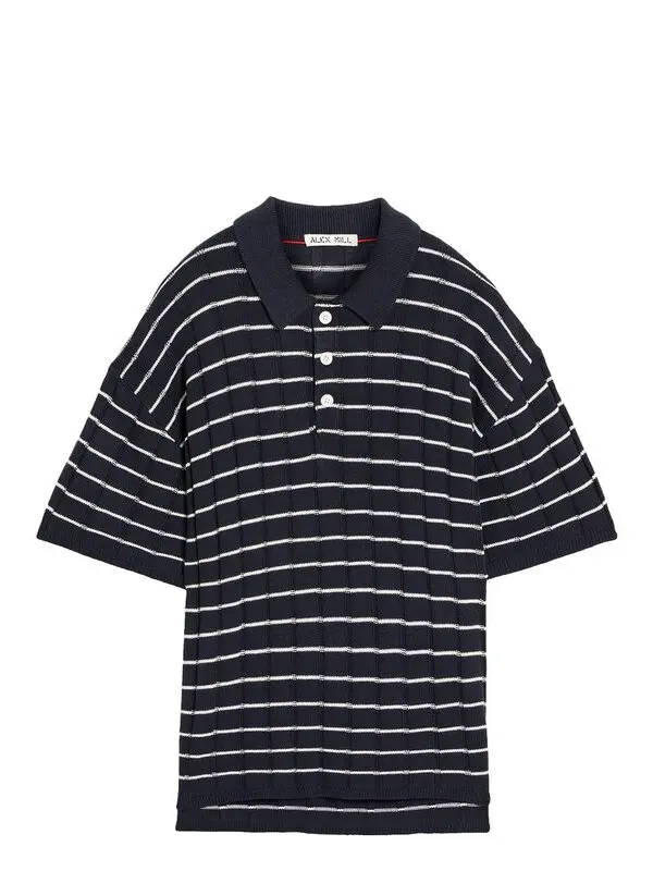 ALEX MILL Striped Ribbed Cotton And Linenblend Polo Shirt - Navy