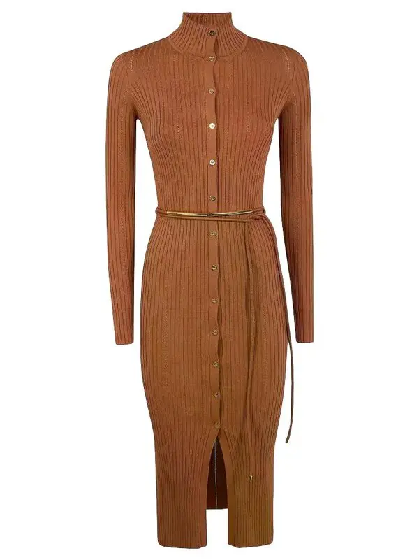 Elisabetta Franchi Ribbed Buttoned Dress - Brown